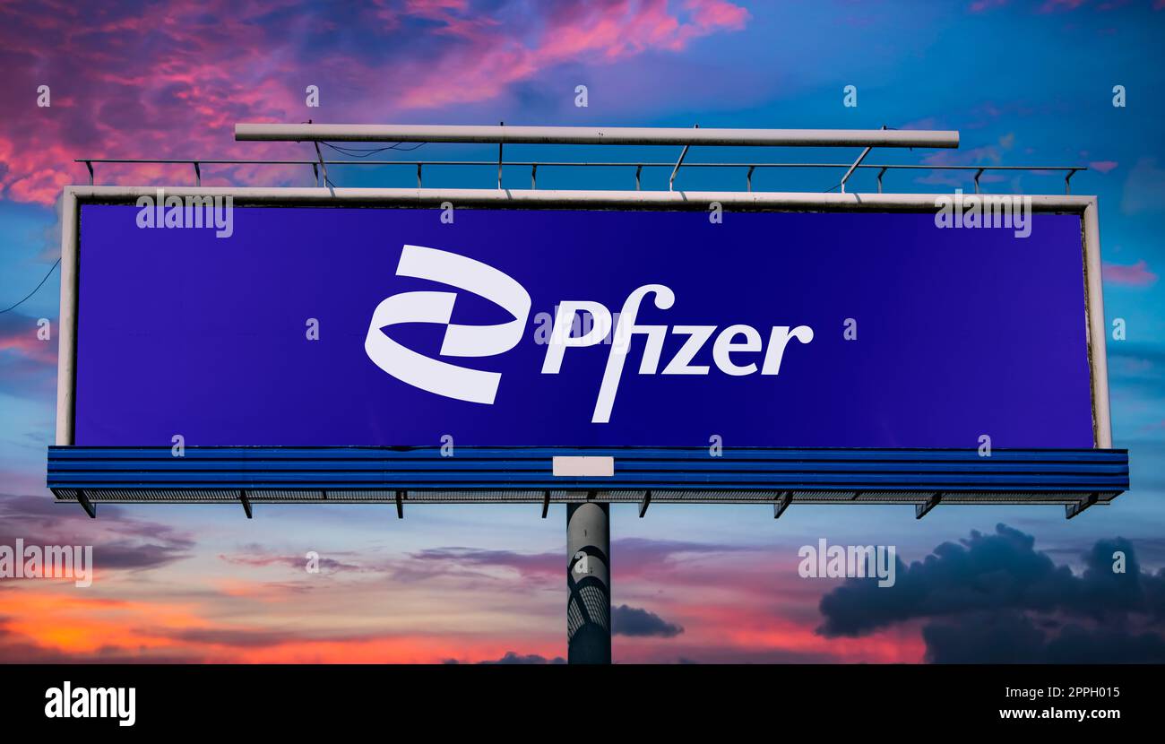 Advertisement billboard displaying logo of Pfizer Stock Photo - Alamy