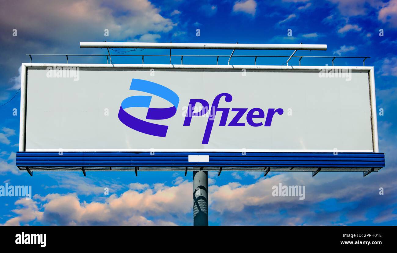 Advertisement billboard displaying logo of Pfizer Stock Photo - Alamy
