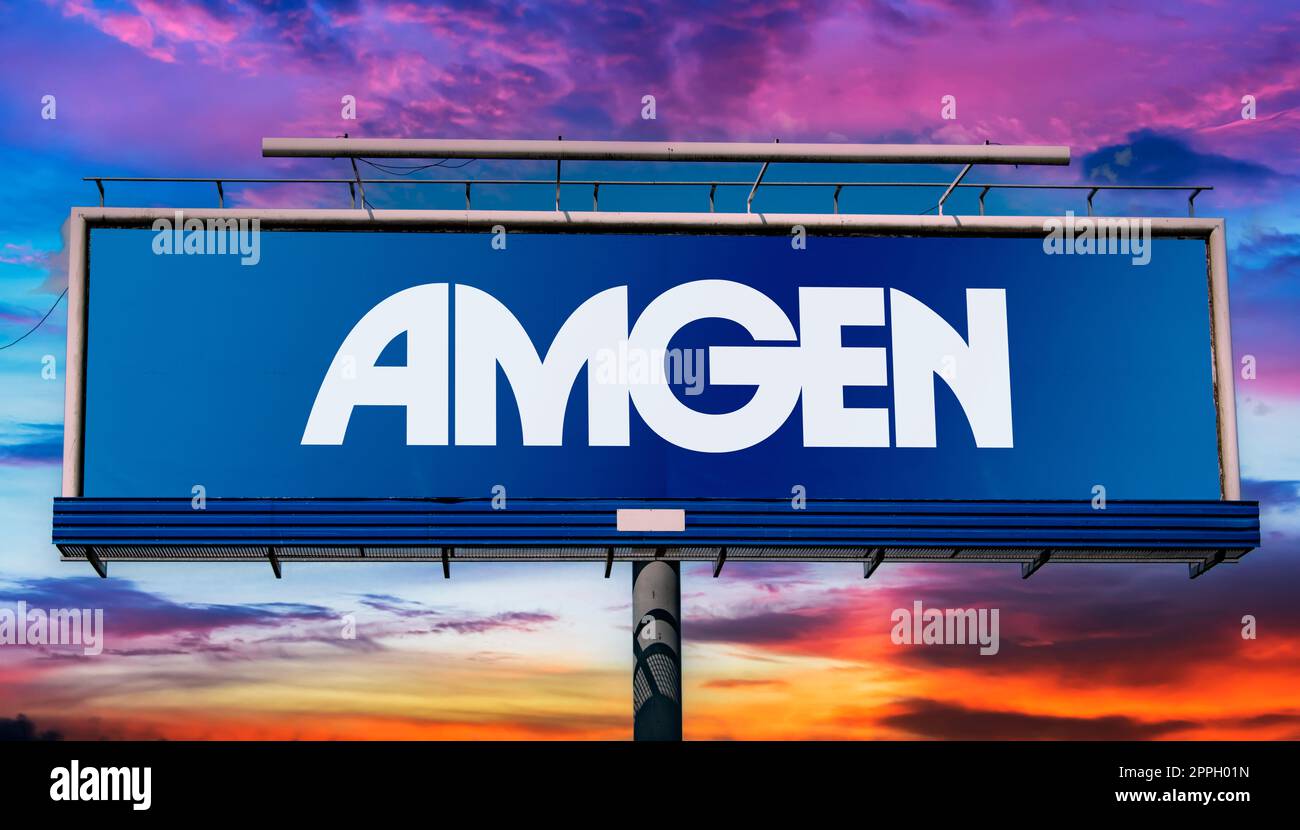 Advertisement billboard displaying logo of Amgen Stock Photo - Alamy