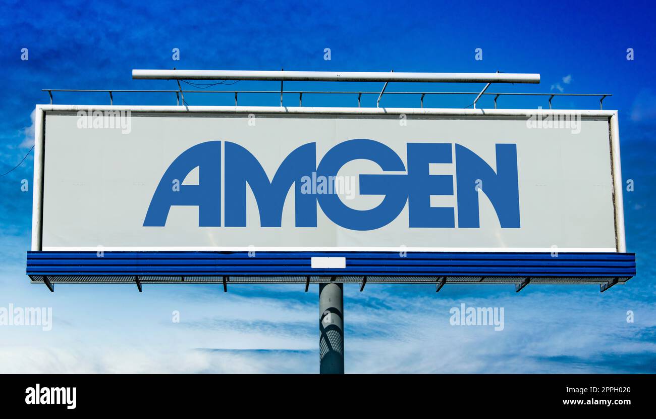 Advertisement billboard displaying logo of Amgen Stock Photo - Alamy