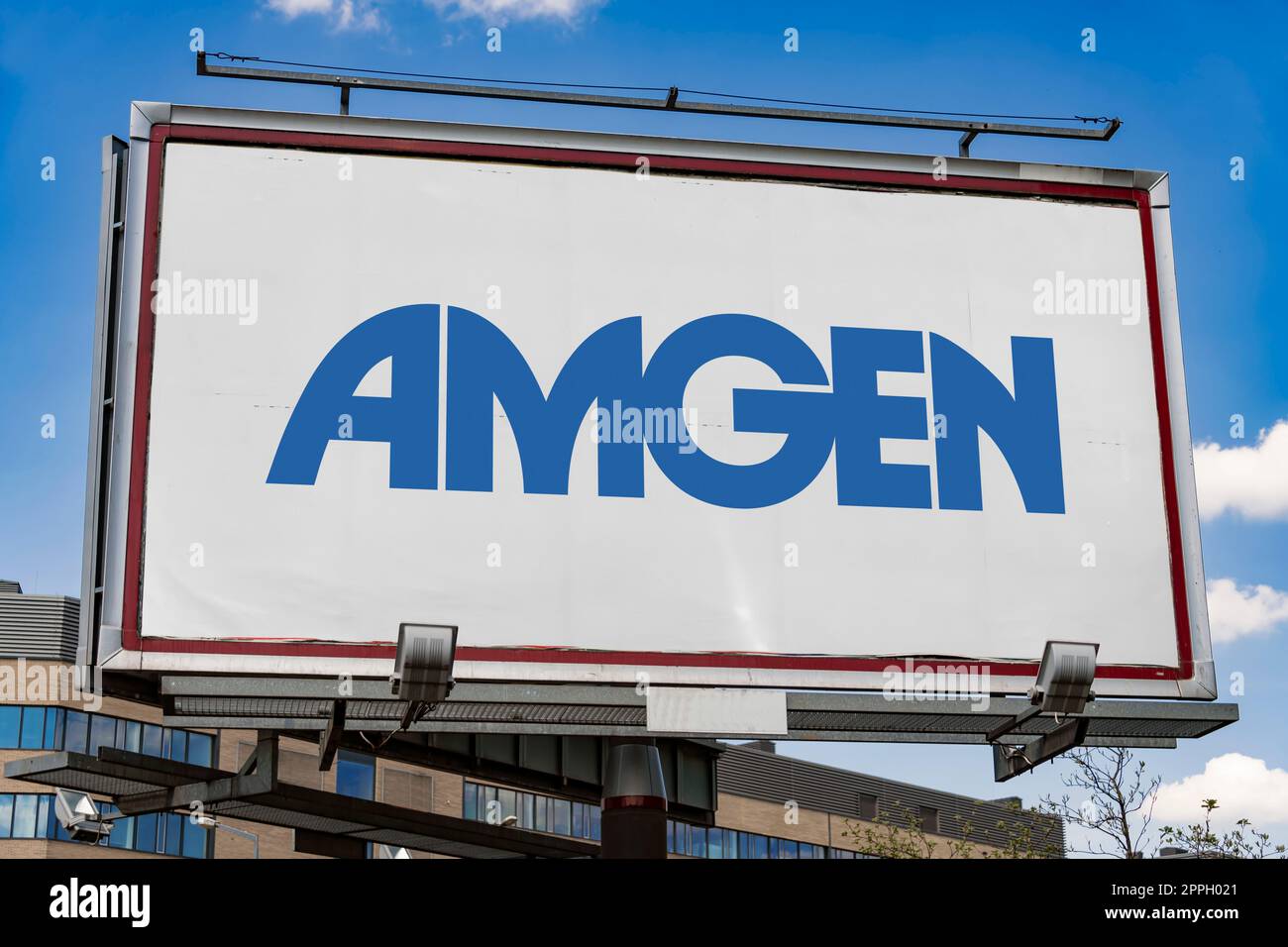 Advertisement billboard displaying logo of Amgen Stock Photo - Alamy
