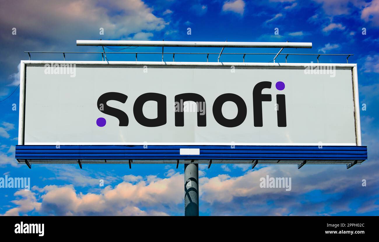 Advertisement billboard displaying logo of Sanofi Stock Photo - Alamy