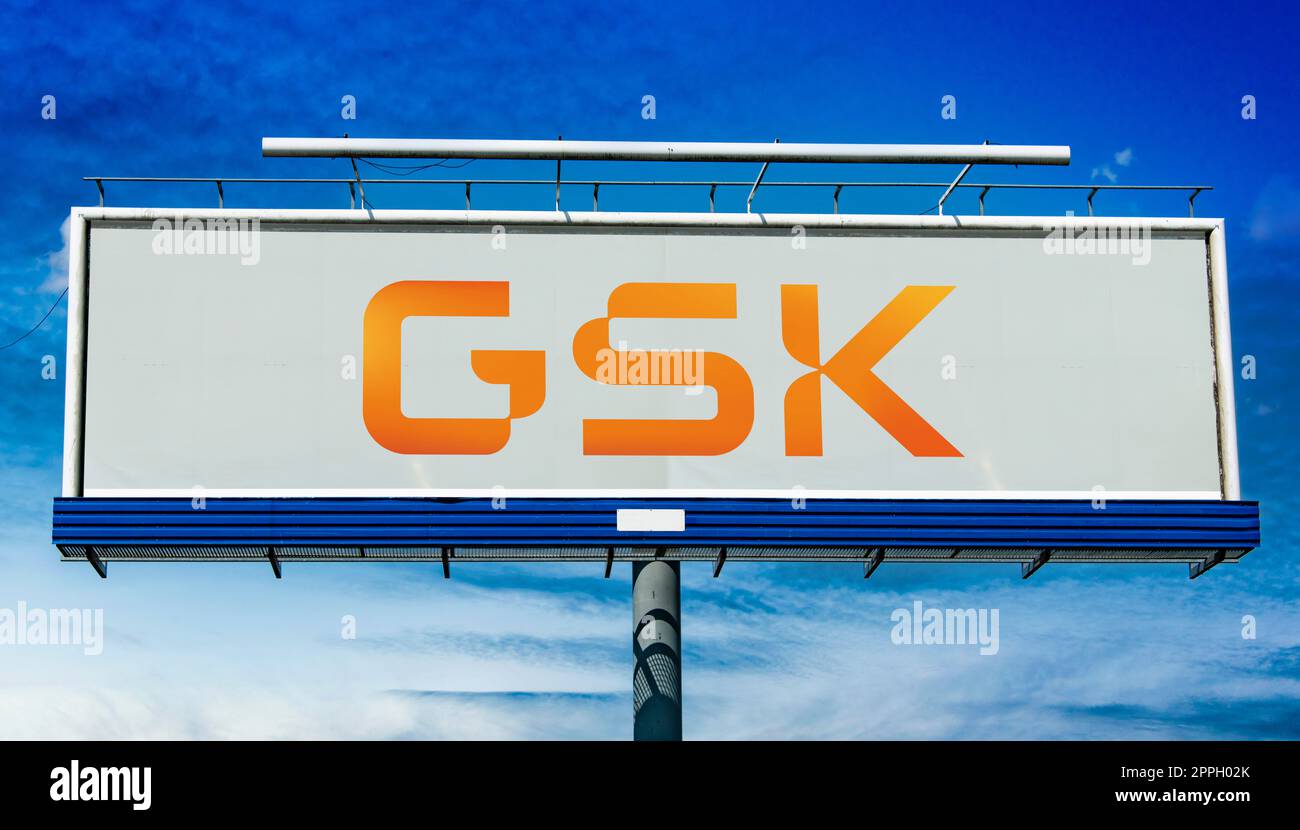 Advertisement billboard displaying logo of GSK Stock Photo - Alamy