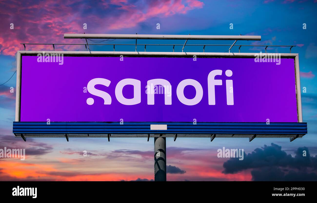 Advertisement billboard displaying logo of Sanofi Stock Photo - Alamy