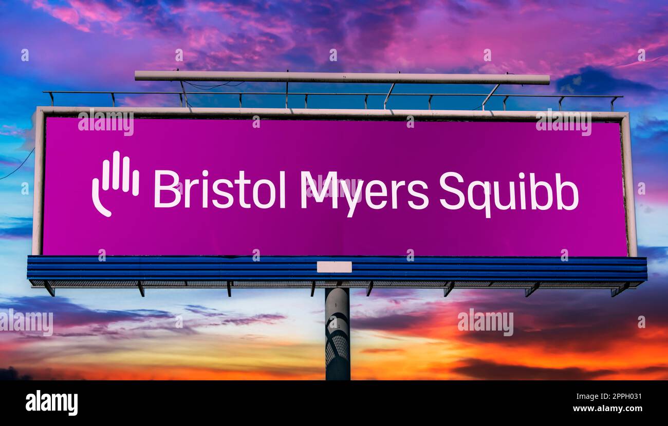 Advertisement billboard displaying logo of Bristol-Myers Squibb Stock ...