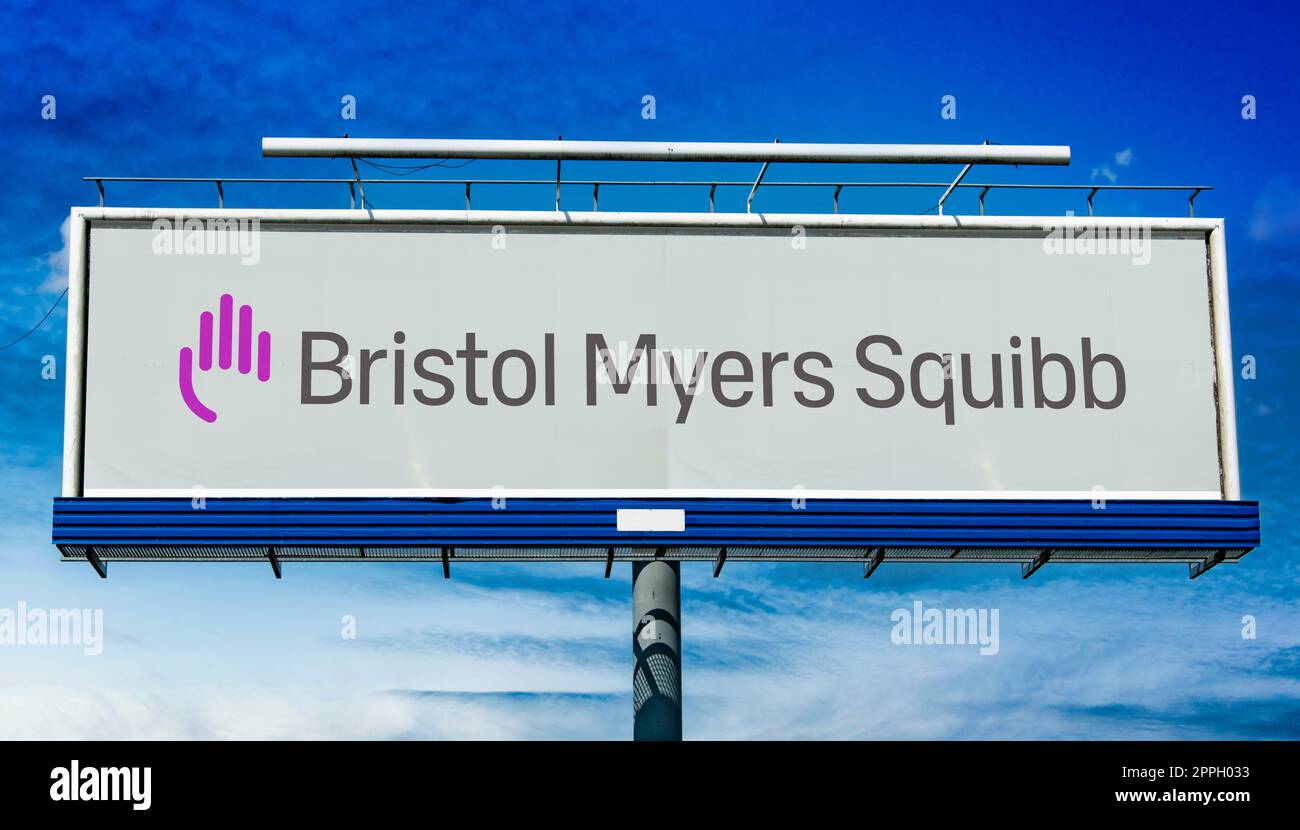 Advertisement billboard displaying logo of Bristol-Myers Squibb Stock ...