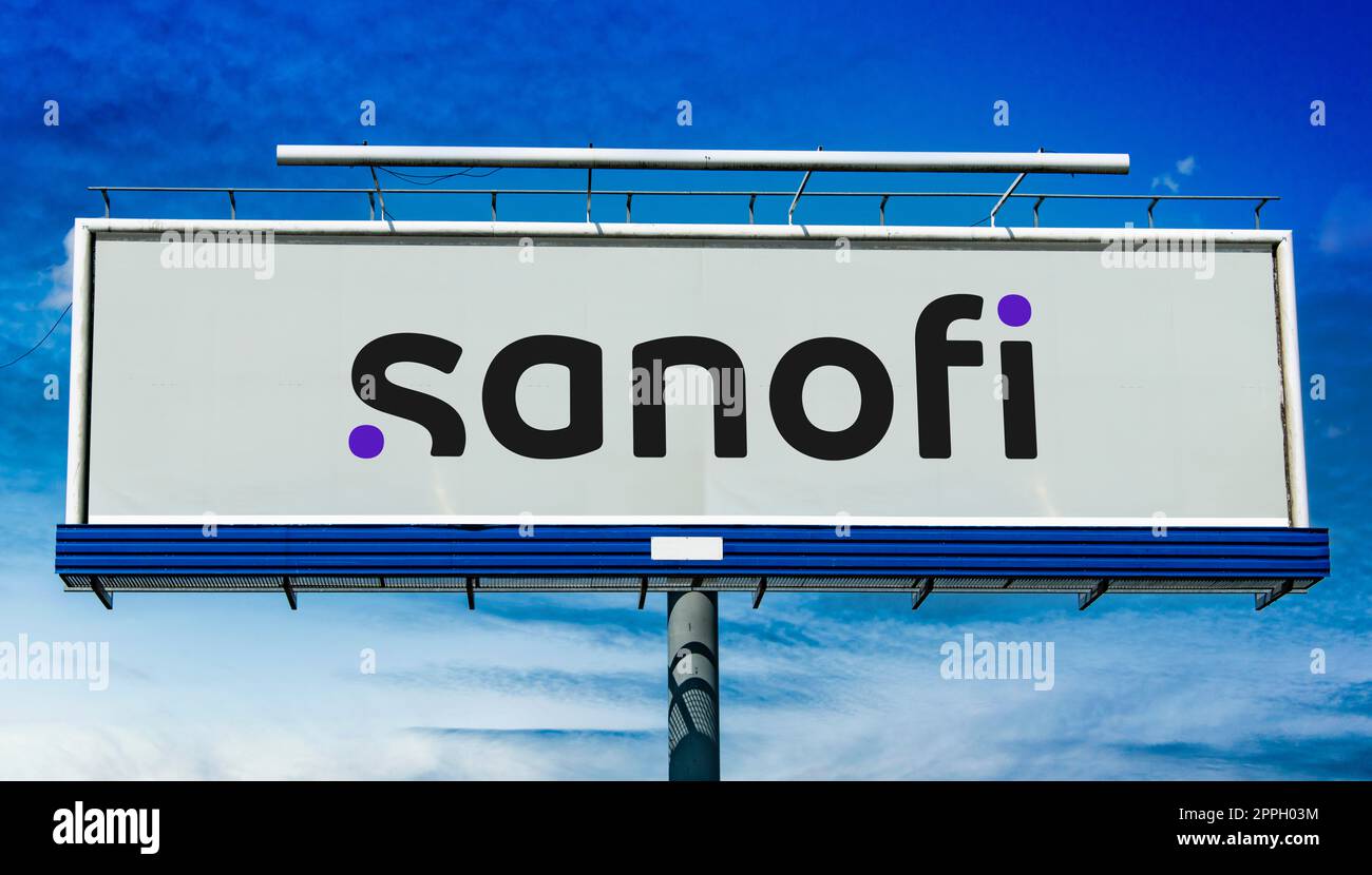 Advertisement billboard displaying logo of Sanofi Stock Photo - Alamy