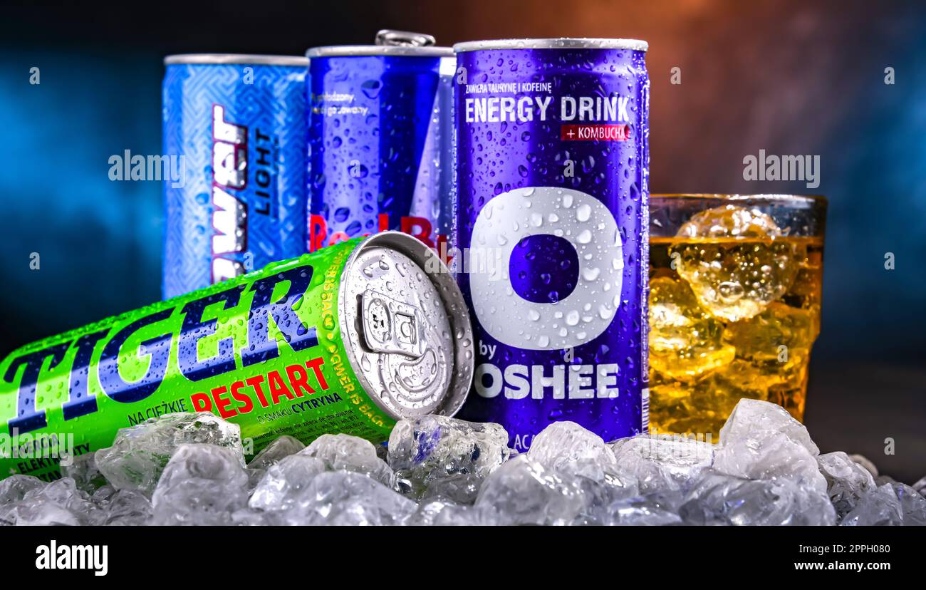 Cans of assorted global energy drink products Stock Photo - Alamy