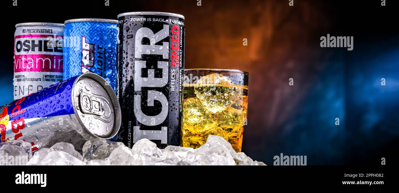 Cans of assorted global energy drink products Stock Photo - Alamy