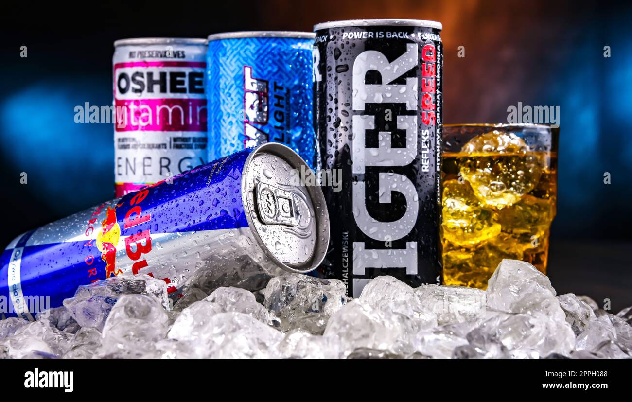 Cans of assorted global energy drink products Stock Photo - Alamy