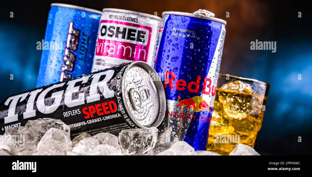 Cans of assorted global energy drink products Stock Photo - Alamy