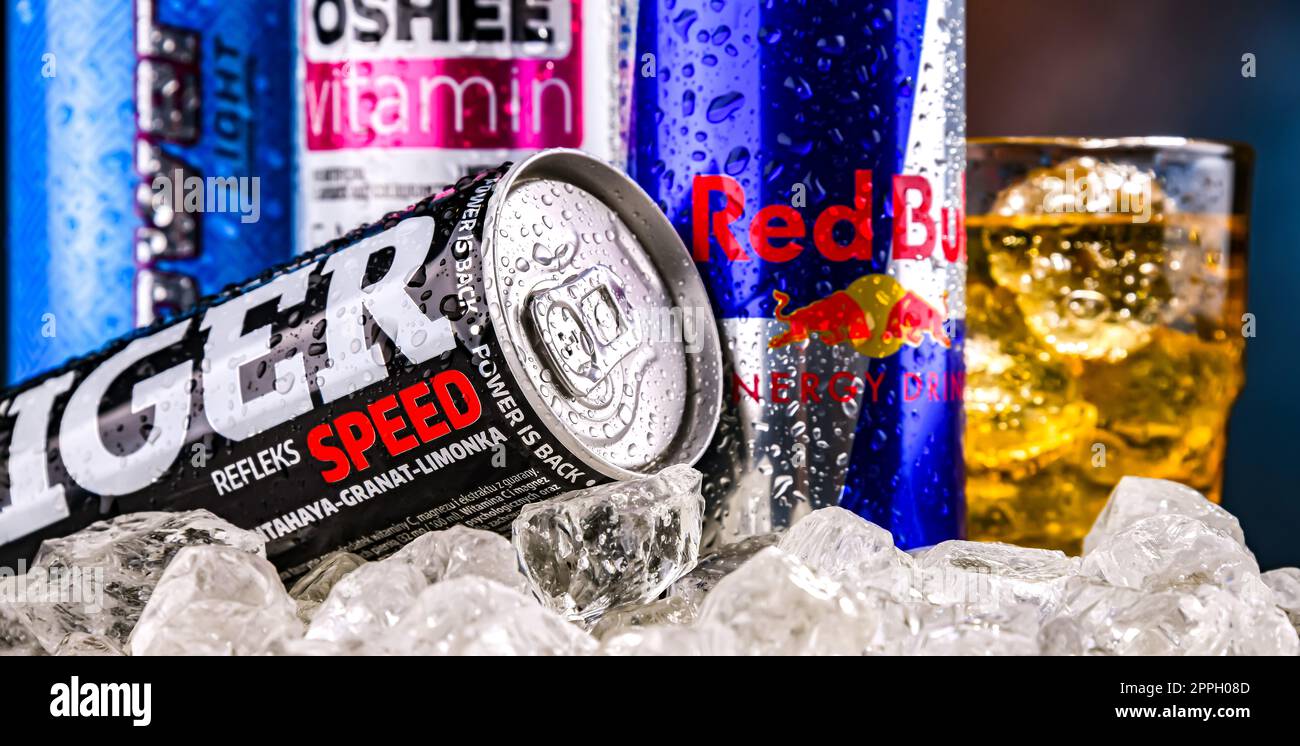 Cans of assorted global energy drink products Stock Photo - Alamy
