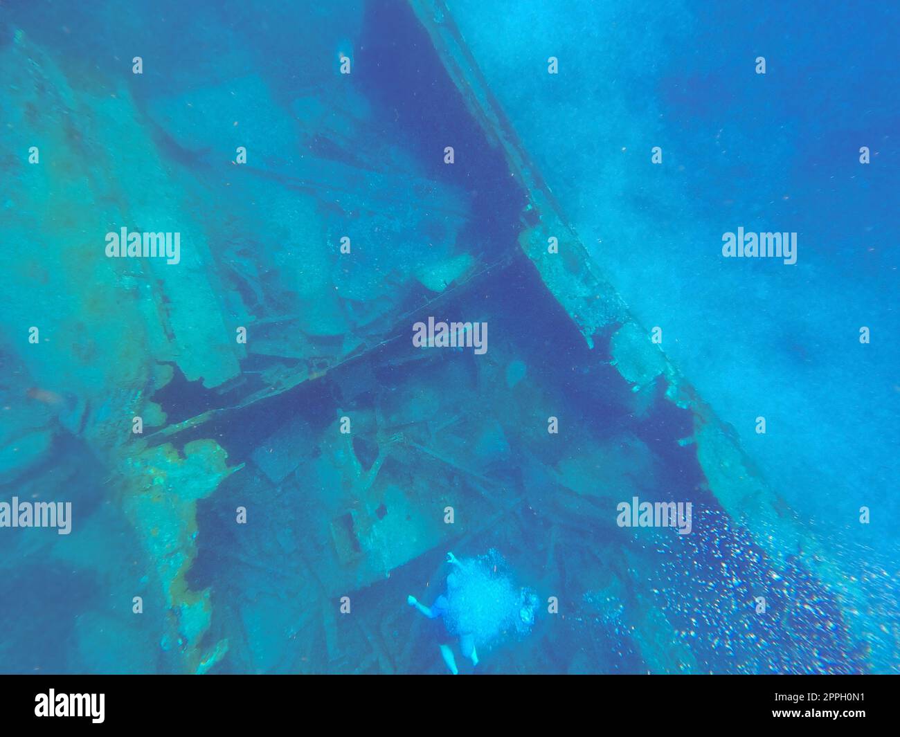 Sunken ship under the sea. Beautifiul underwater colorful coral reef at ...