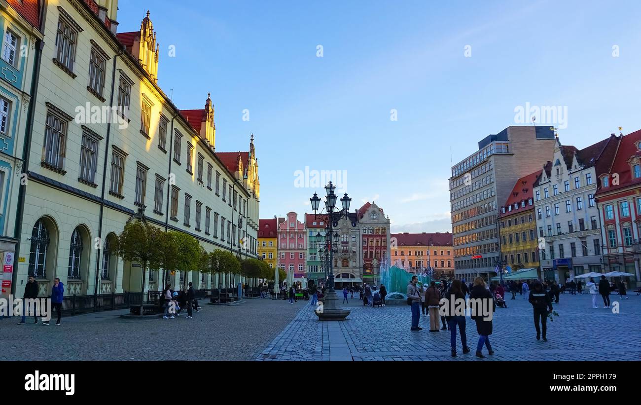 old town hall building with a clock in the center on Wroclaw Square ...