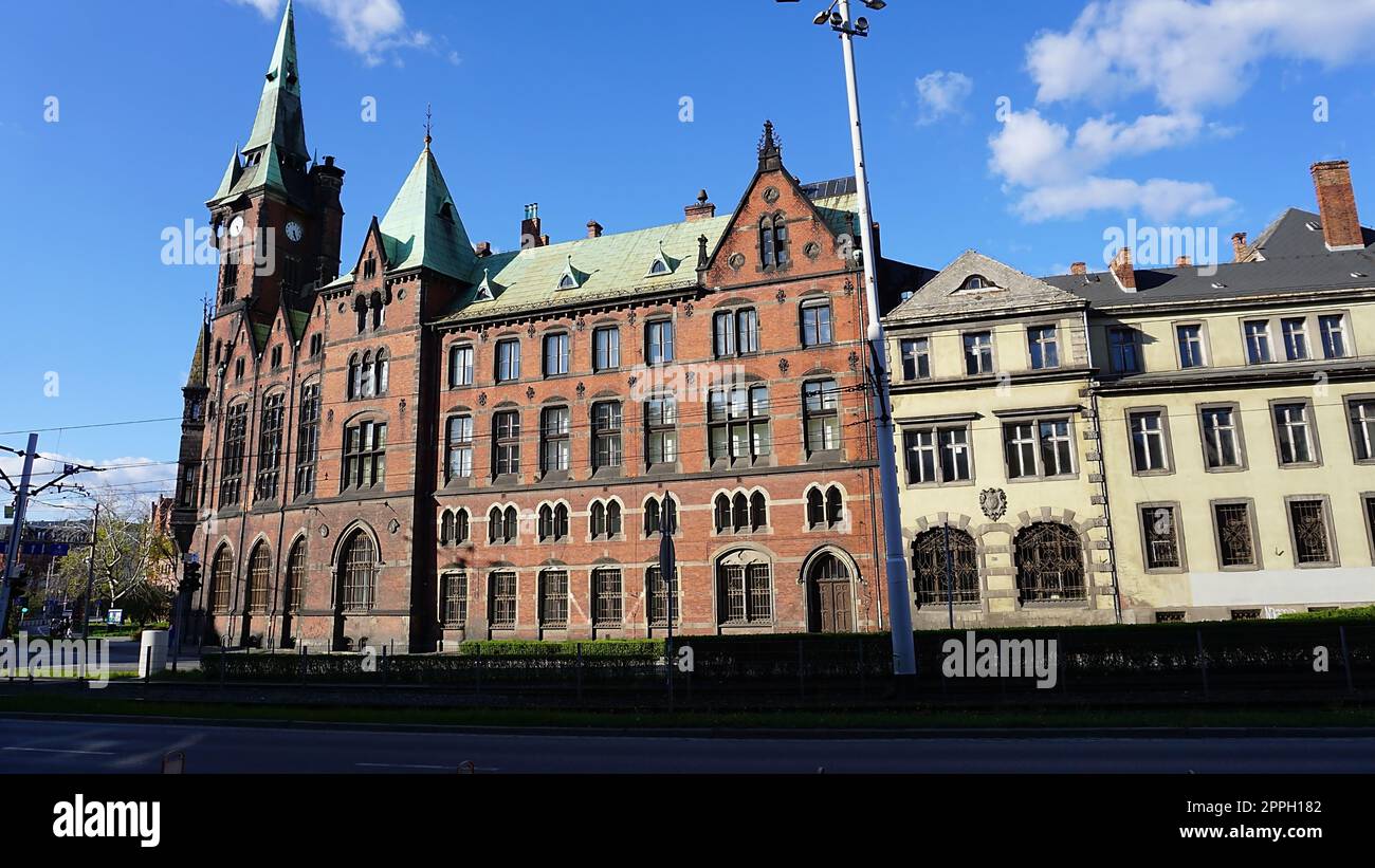 old town hall building with a clock in the center on Wroclaw Square ...