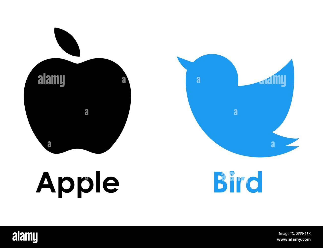 Blue swallow bird and black apple fruit - two icons. The image does not ...