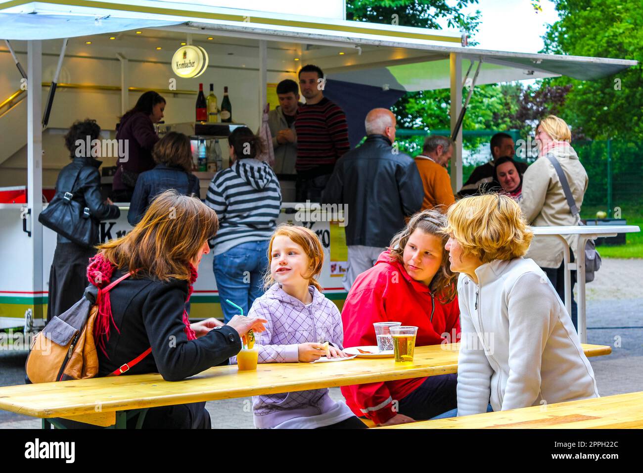 German celebration with bratwurst grill and beer stand in Germany Stock ...