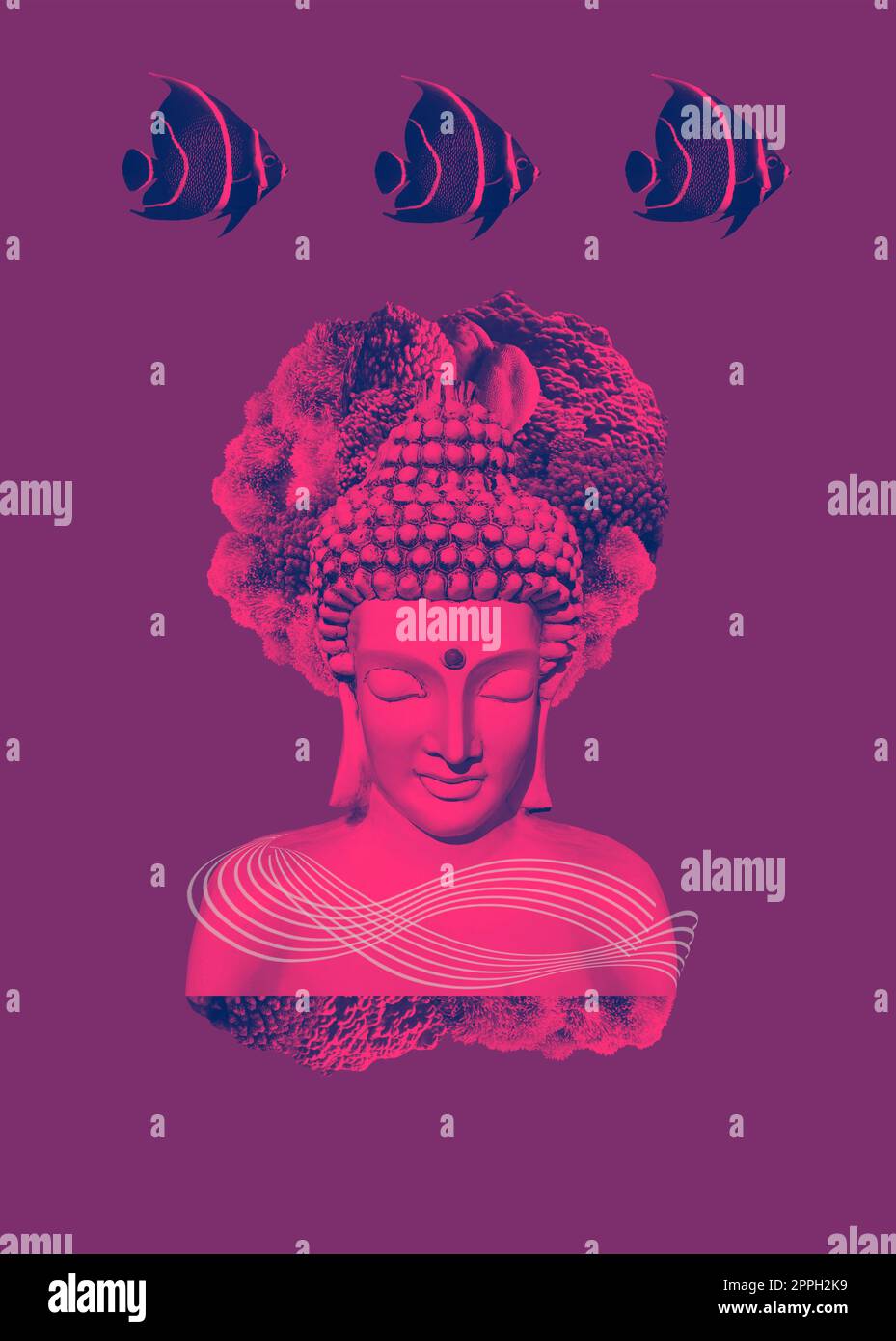 Modern contemporary art collage or design with statue and coral reef ...