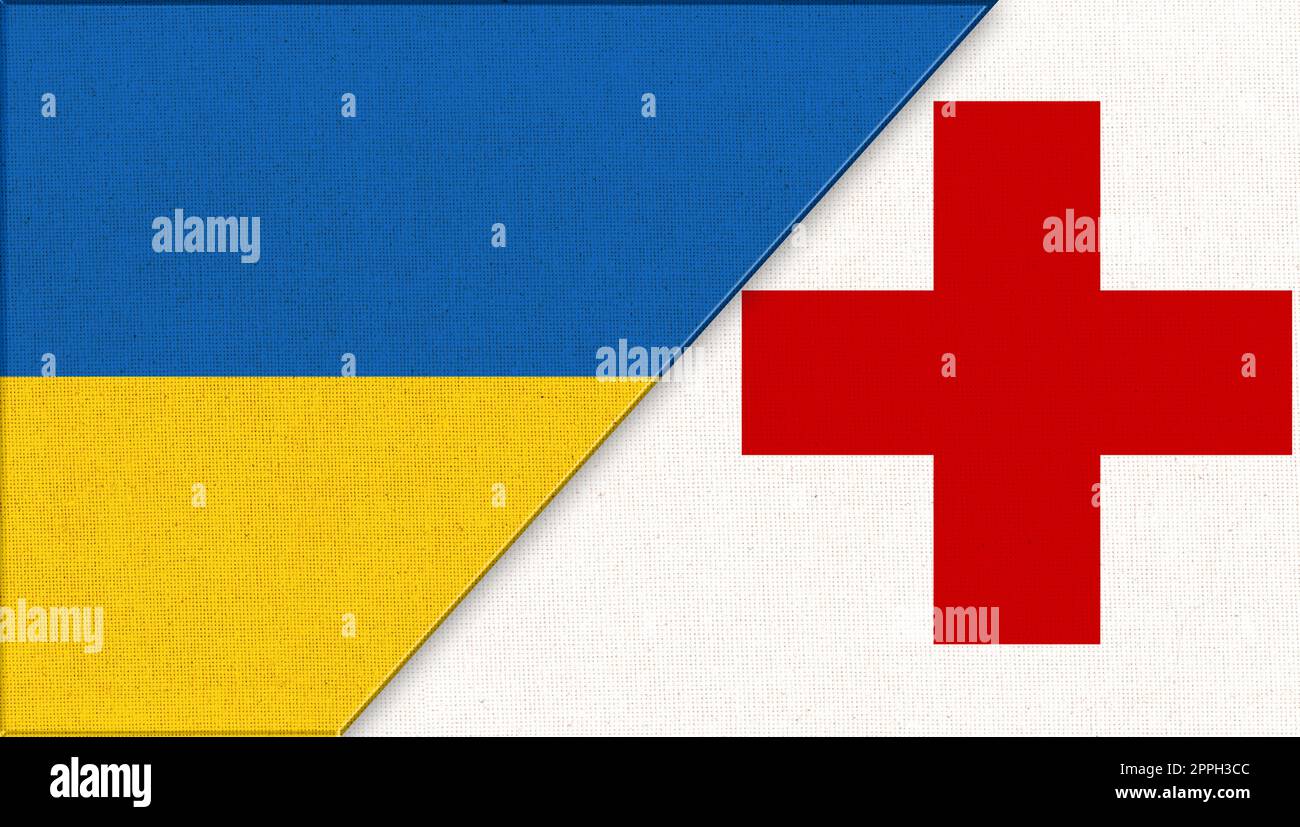 Flag of Ukraine and Red cross. Ukrainian and humanitarian organization ...