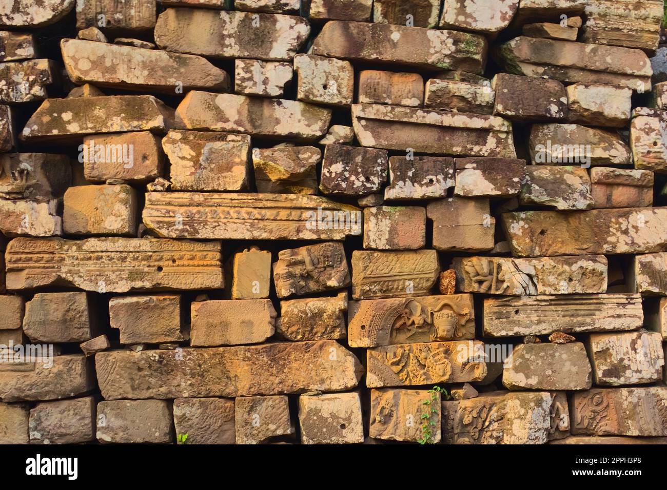 Archeological rubble at Bayon temple, located in Angkor, Cambodia, the ...