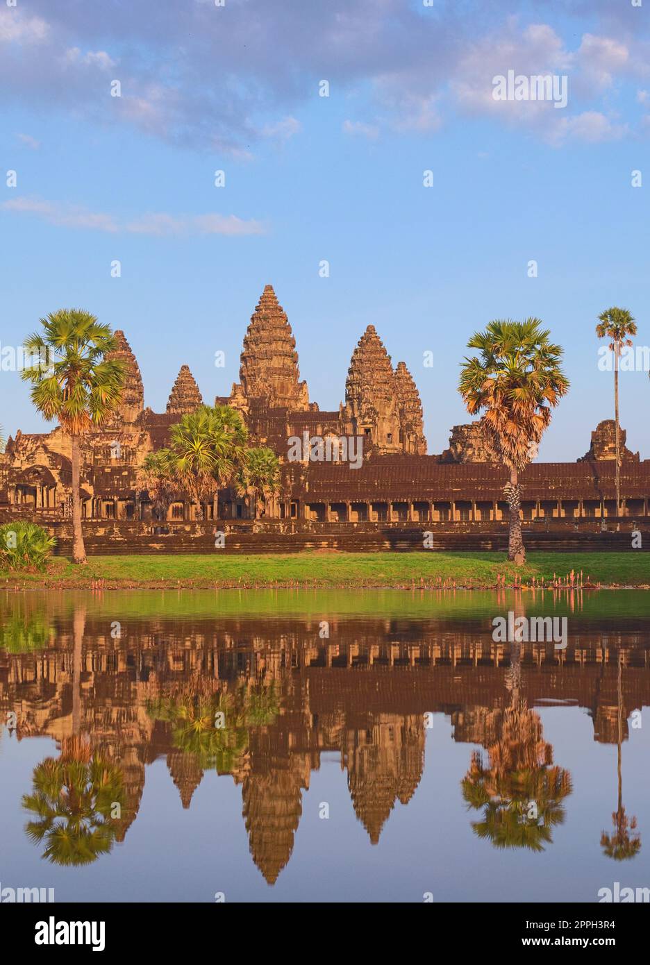 Angkor Wat, in Cambodia. Front general view of western facade at sunset ...