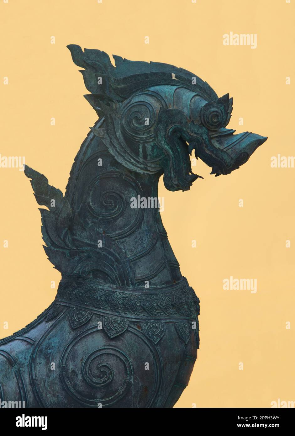 Bronze statue of a Singha guardian lion, one the many leogryphs (lion ...