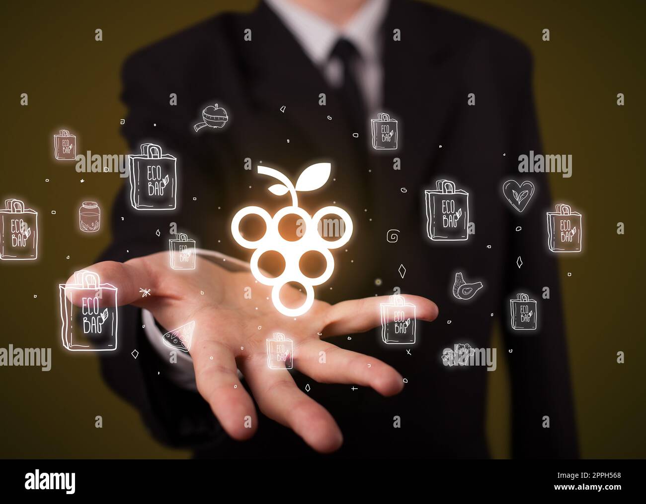 Hand holding food related icons Stock Photo - Alamy
