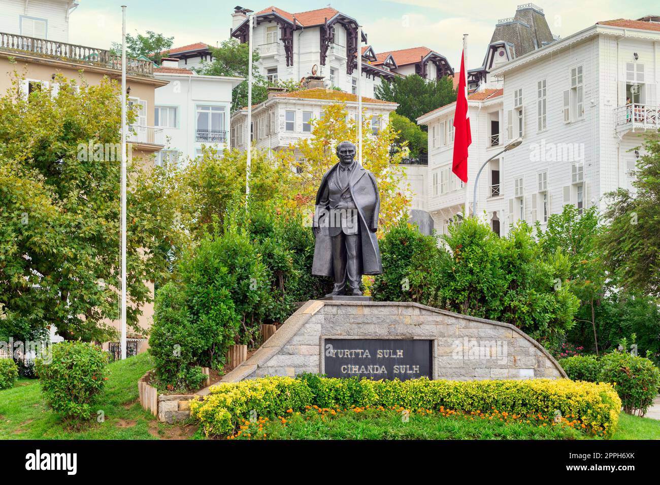 Square at Buyukadada, or Princes Island, with the statue of modern ...