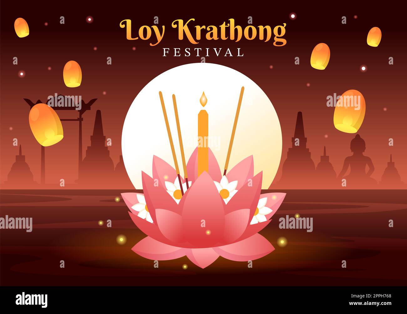 Loy Krathong Festival Celebration in Thailand Template Hand Drawn ...
