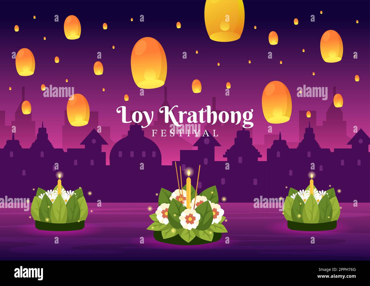 Loy Krathong Festival Celebration in Thailand Template Hand Drawn Cartoon Flat Illustration with ...