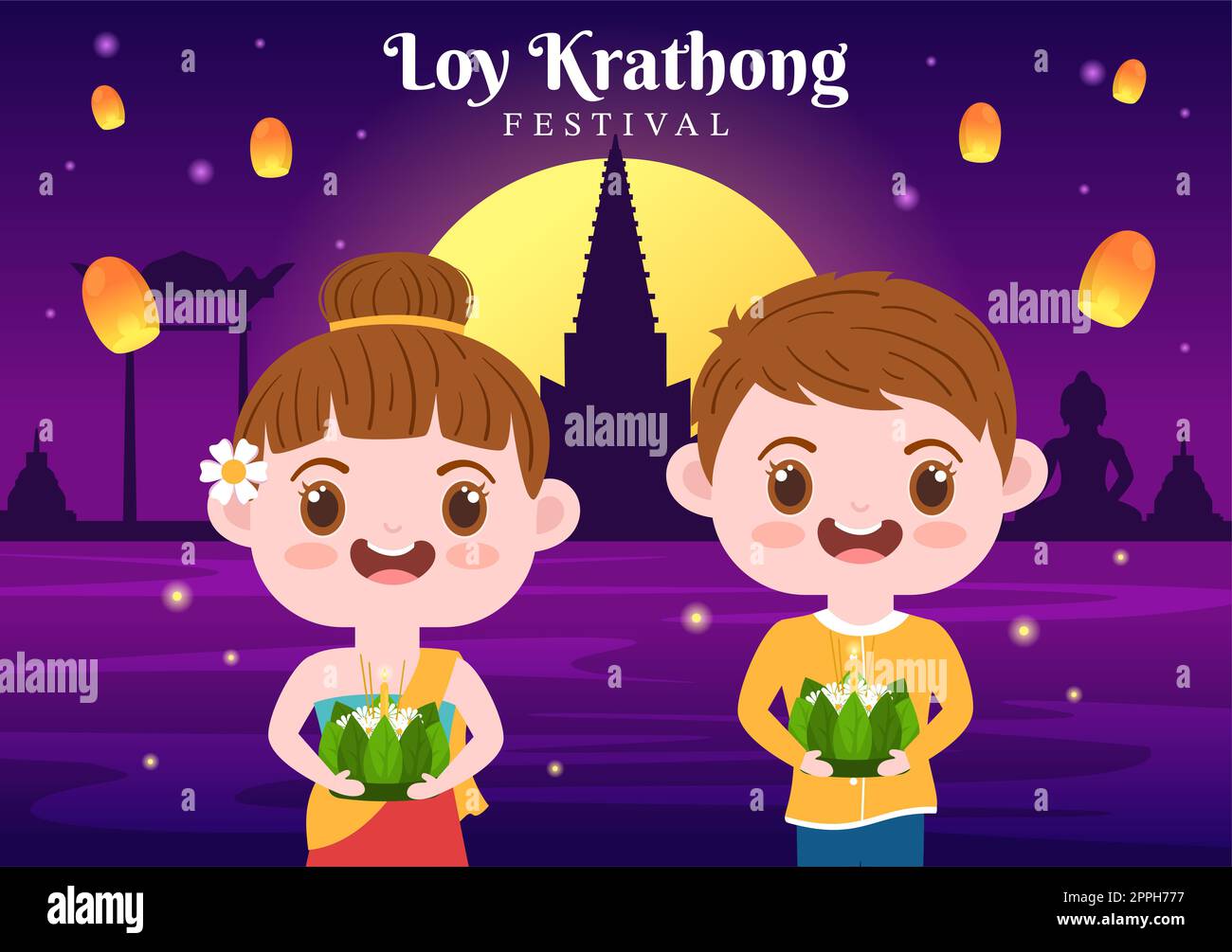 Loy Krathong Festival Celebration in Thailand Template Hand Drawn ...