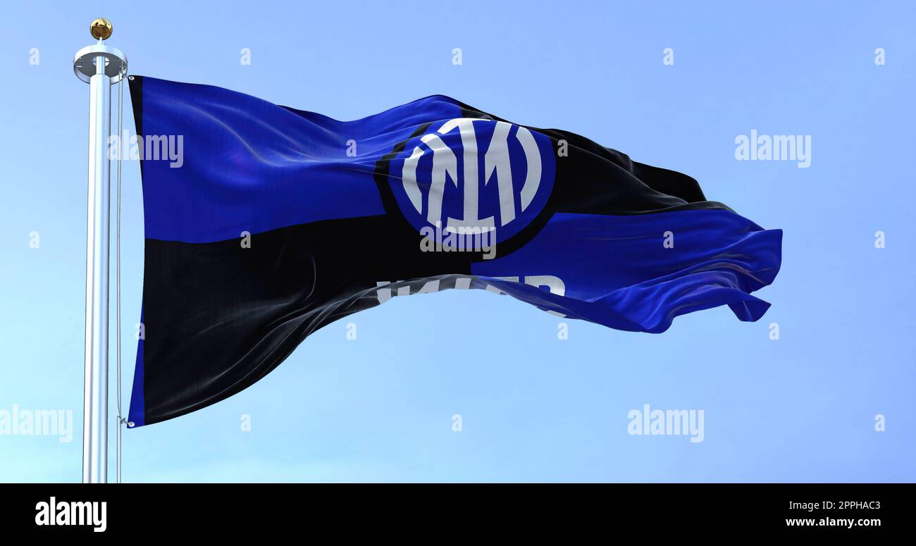Milan, Italy, July 2022: The flag of Inter Football Club waving in the ...