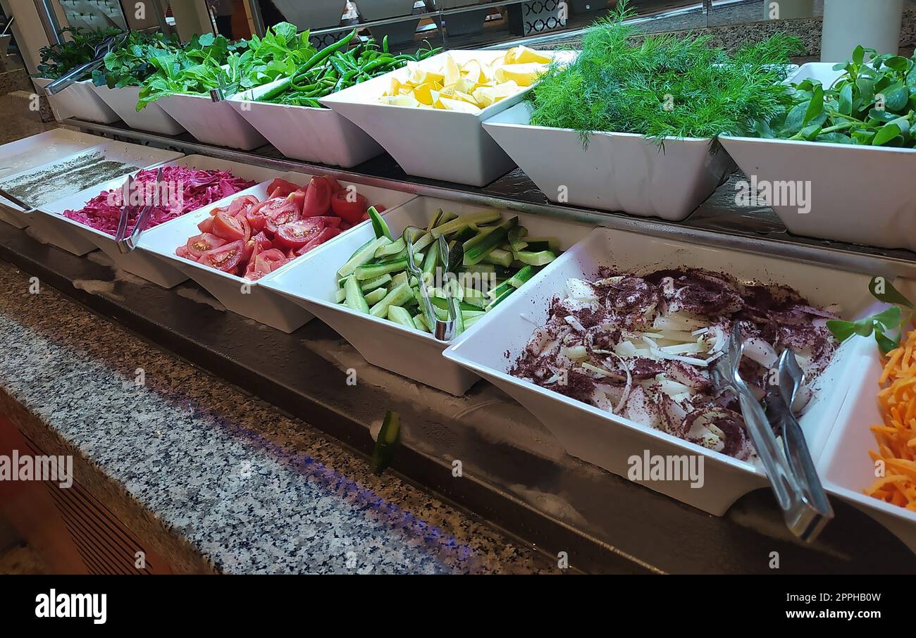 Food on the shelves in the self-service buffet with all inclusive in ...