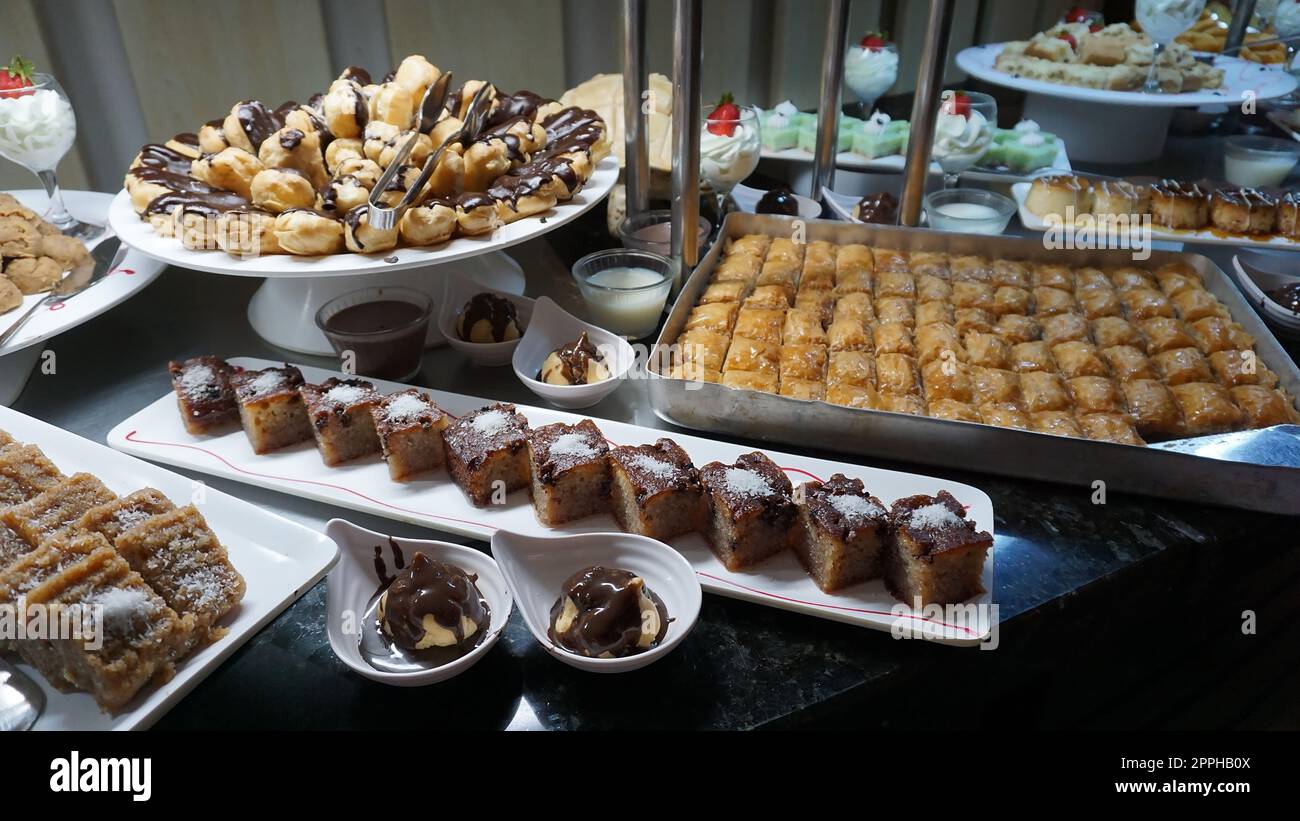 Food on the shelves in the self-service buffet with all inclusive in ...