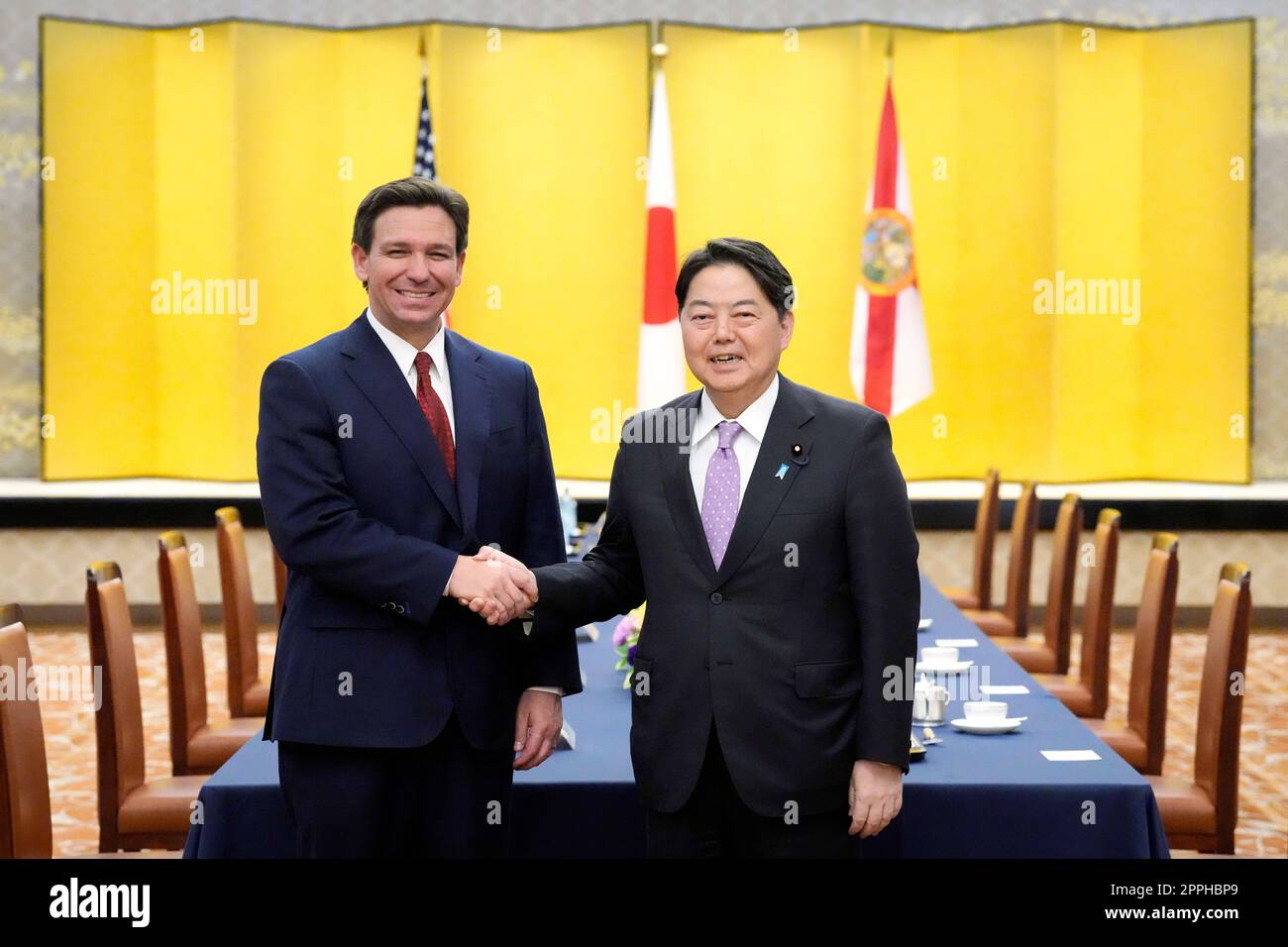 Florida Gov. Ron DeSantis, left, and Japanese Foreign Minister ...
