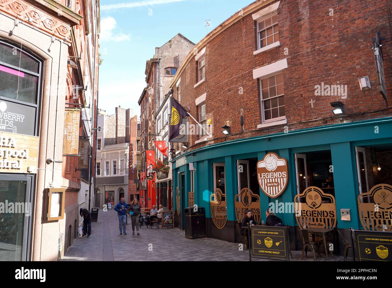 LIVERPOOL, UK - JULY 14, 2022: Legends Sports Bar in typical old street ...