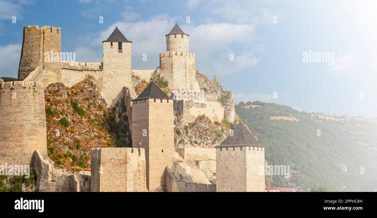 Ancient castle fortress on the river Golubac, Serbia. Selective focus ...