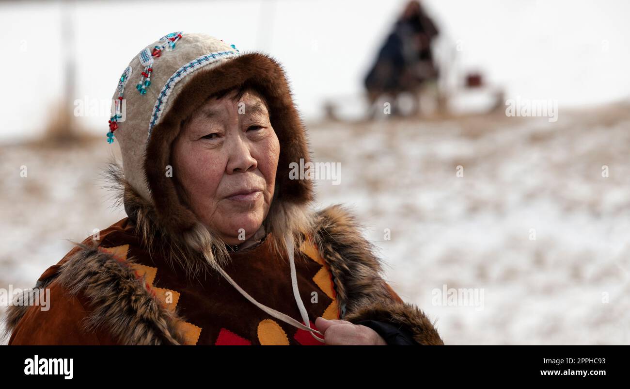 woman in traditional Koryak dress on holiday Northern aboriginal Koryak ...