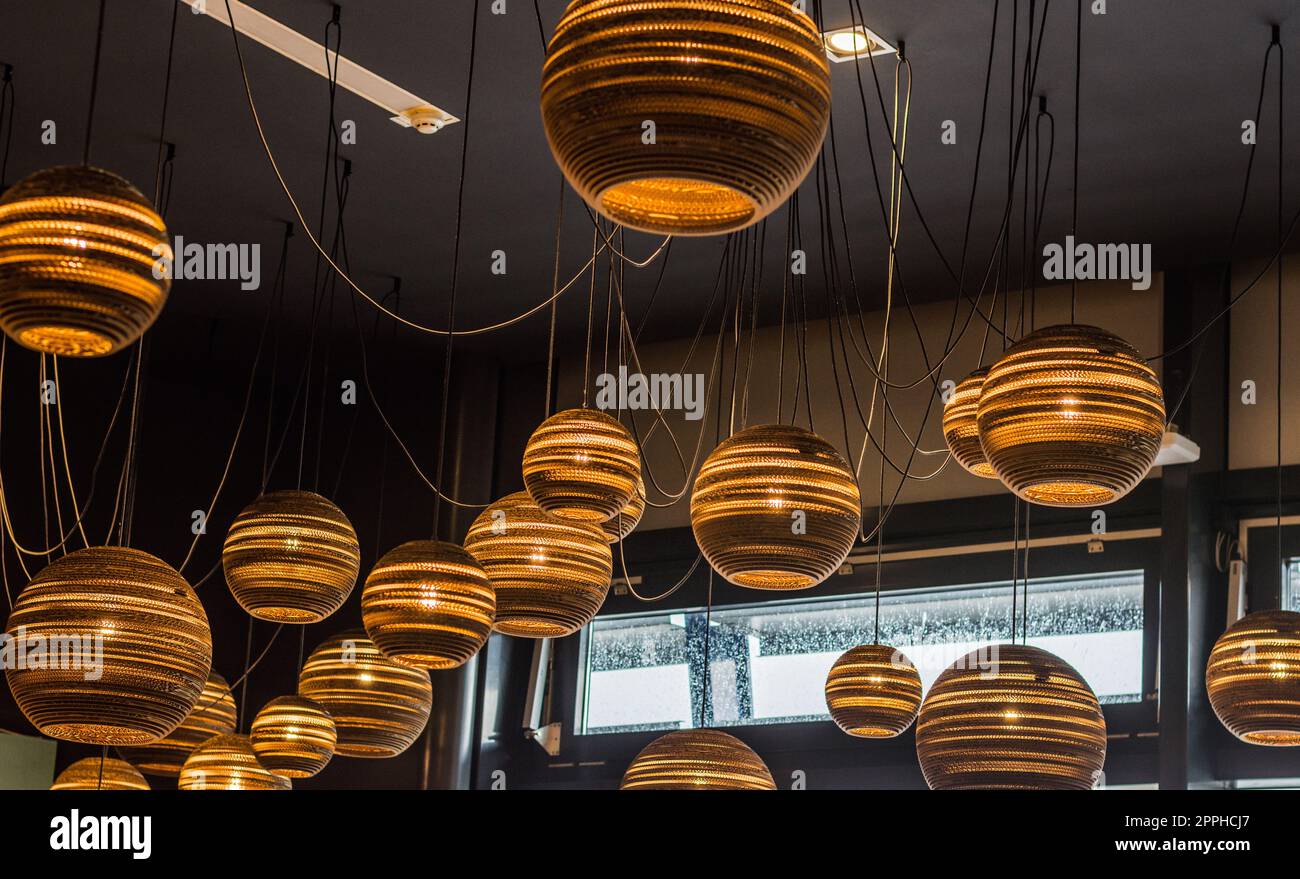 round lamps with warm light in a restaurant at the airport Stock Photo ...