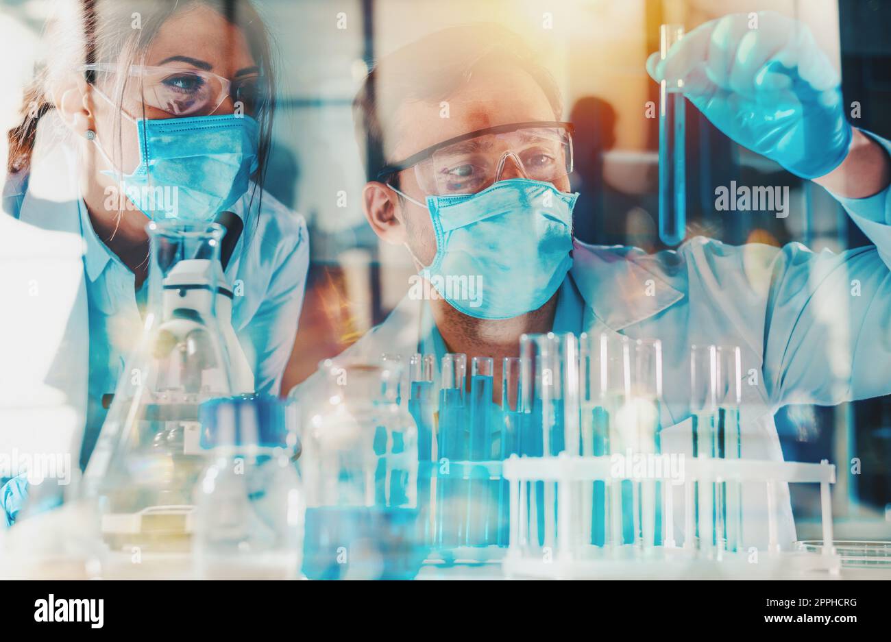 Medical science laboratory works on bacteria research against covid-19 ...