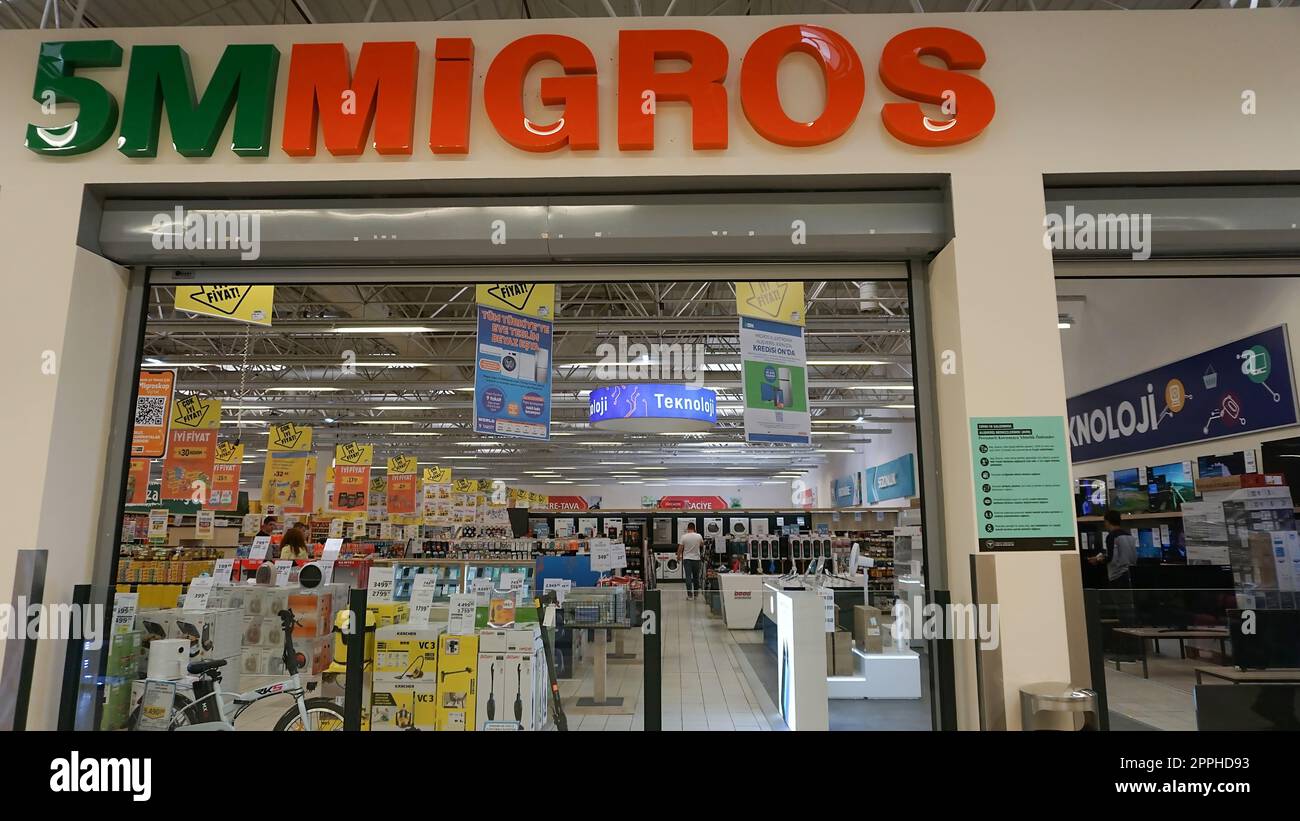 Chorlu, Turkey - September 23, 2022: Migros supermarket logo hanging on ...