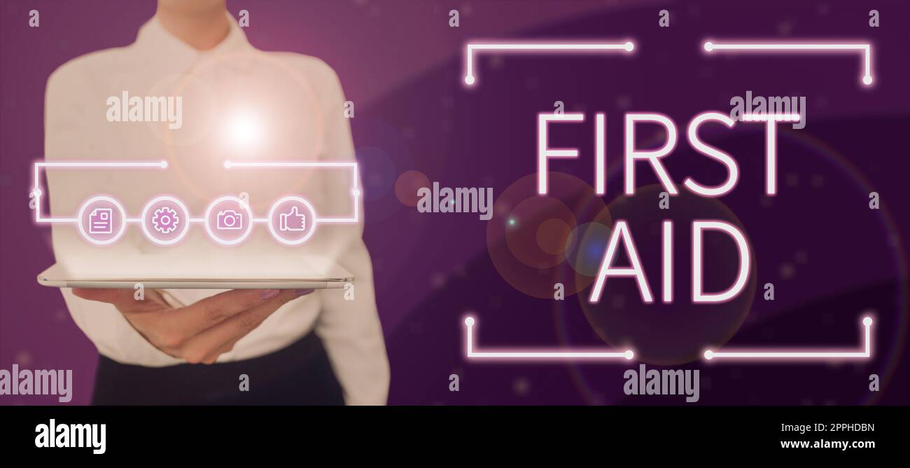 Sign displaying First Aid. Conceptual photo Practise of healing small ...