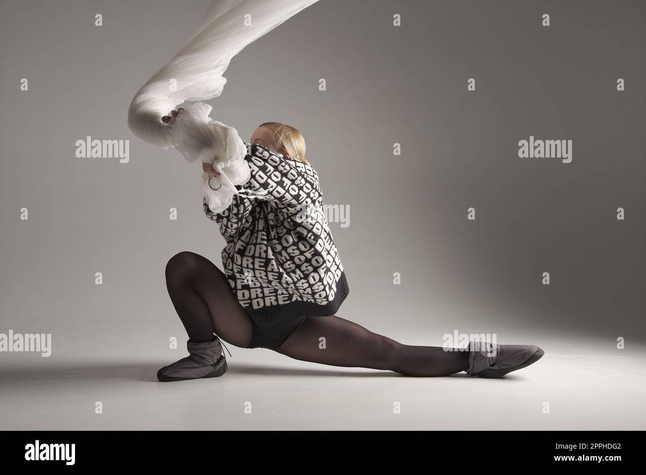 Ballerina Dancing with Silk Fabric, Modern Ballet Dancer with Waving ...