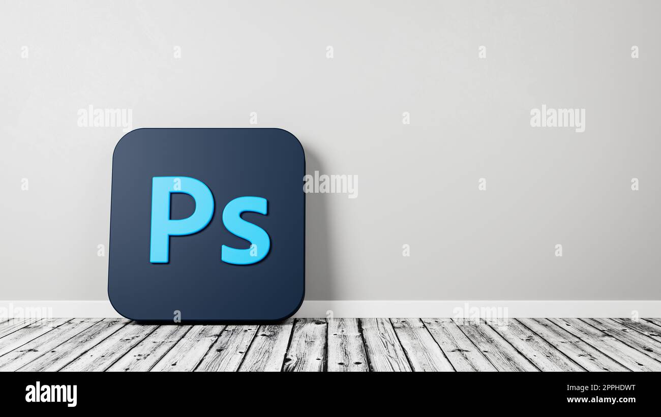 Photoshop App Icon on Wooden Floor Against Wall Stock Photo - Alamy