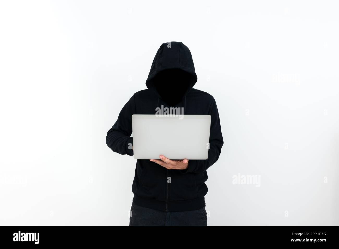 Man Standing With Laptop Presenting Cyber Security. Businessman ...