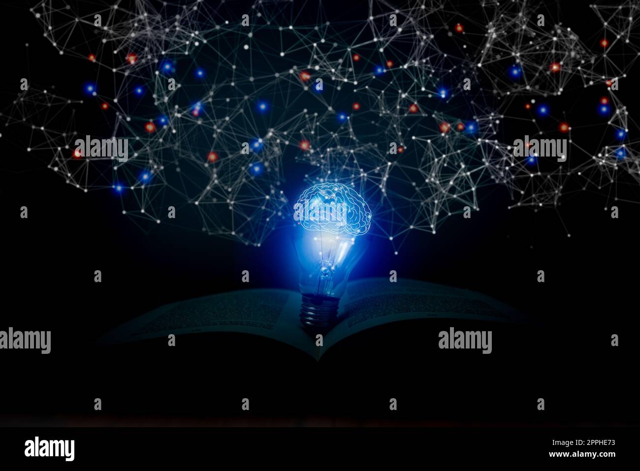 Light bulb on open book with virtual brain and connection line network education concept ...