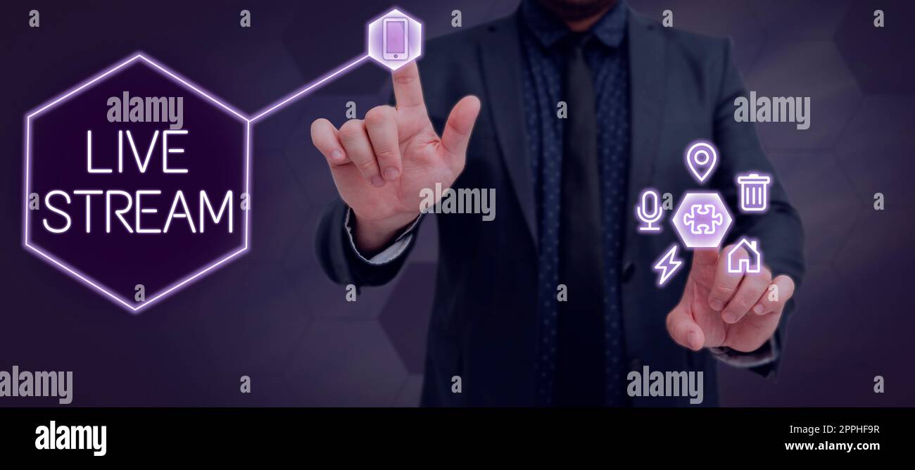 Text sign showing Live Stream. Word for to broadcast a video or audio ...