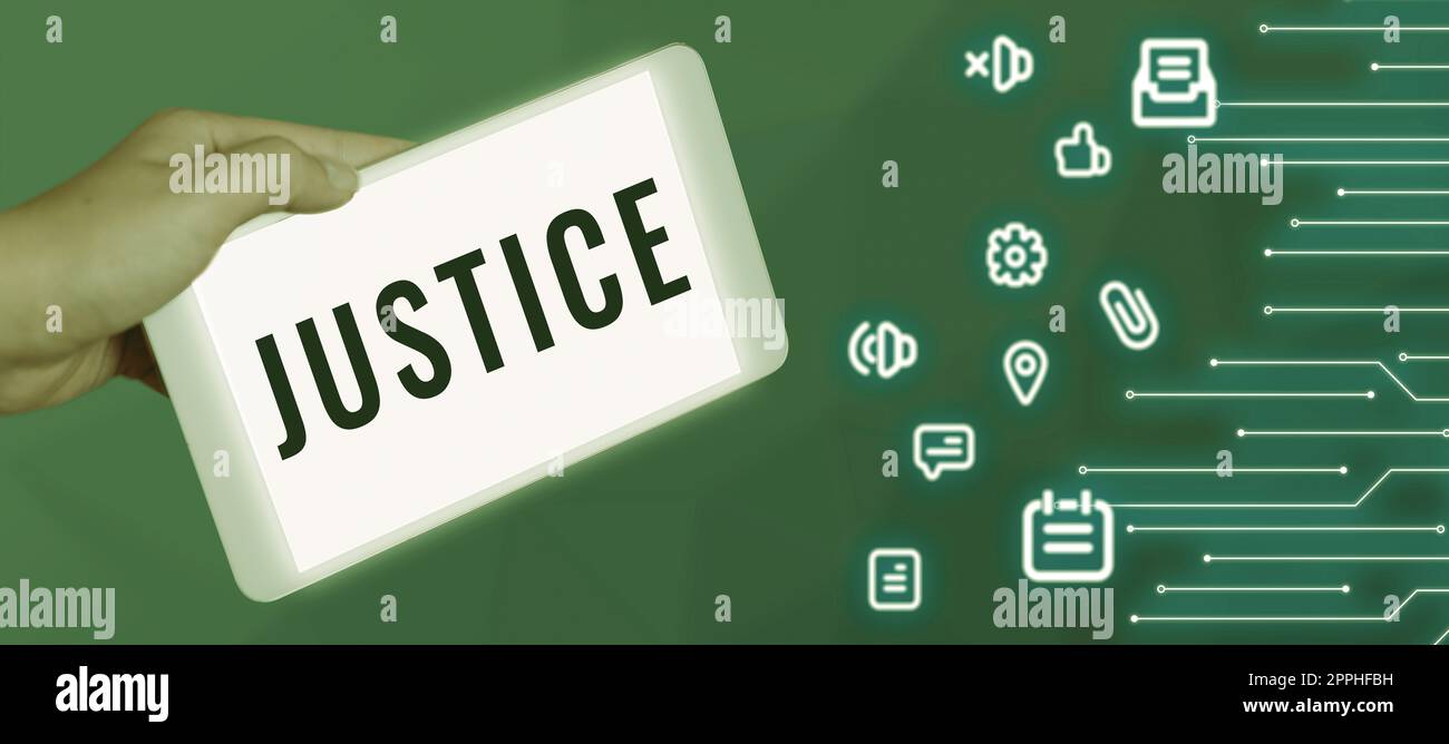 Hand writing sign Justice. Word for use of power as appointed by law ...