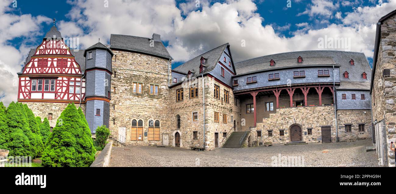 Panoramic photo of Limburg Castle with castle courtyard, palace, tower ...