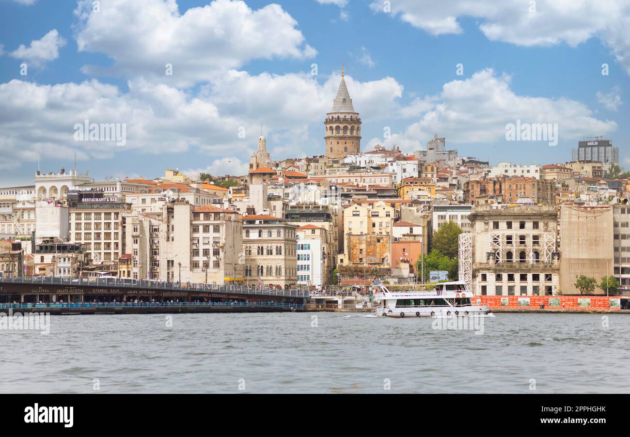 Turkey: Istanbul skyline including Galata Bridge with traditional fish ...
